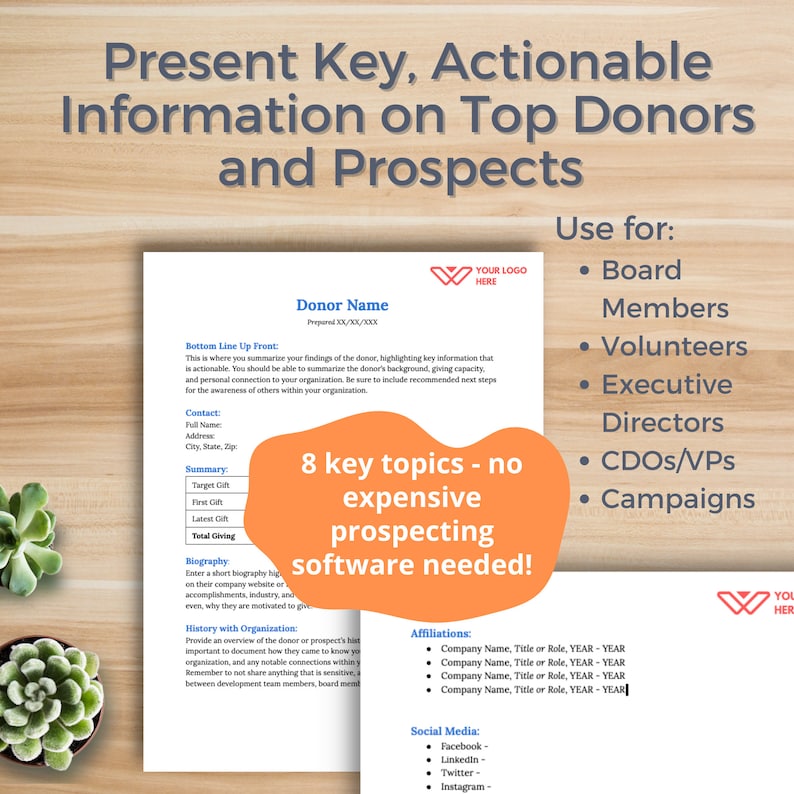 DONOR BRIEFING - 2 Page Template for Major Donors, Prospects, Board Members - Etsy