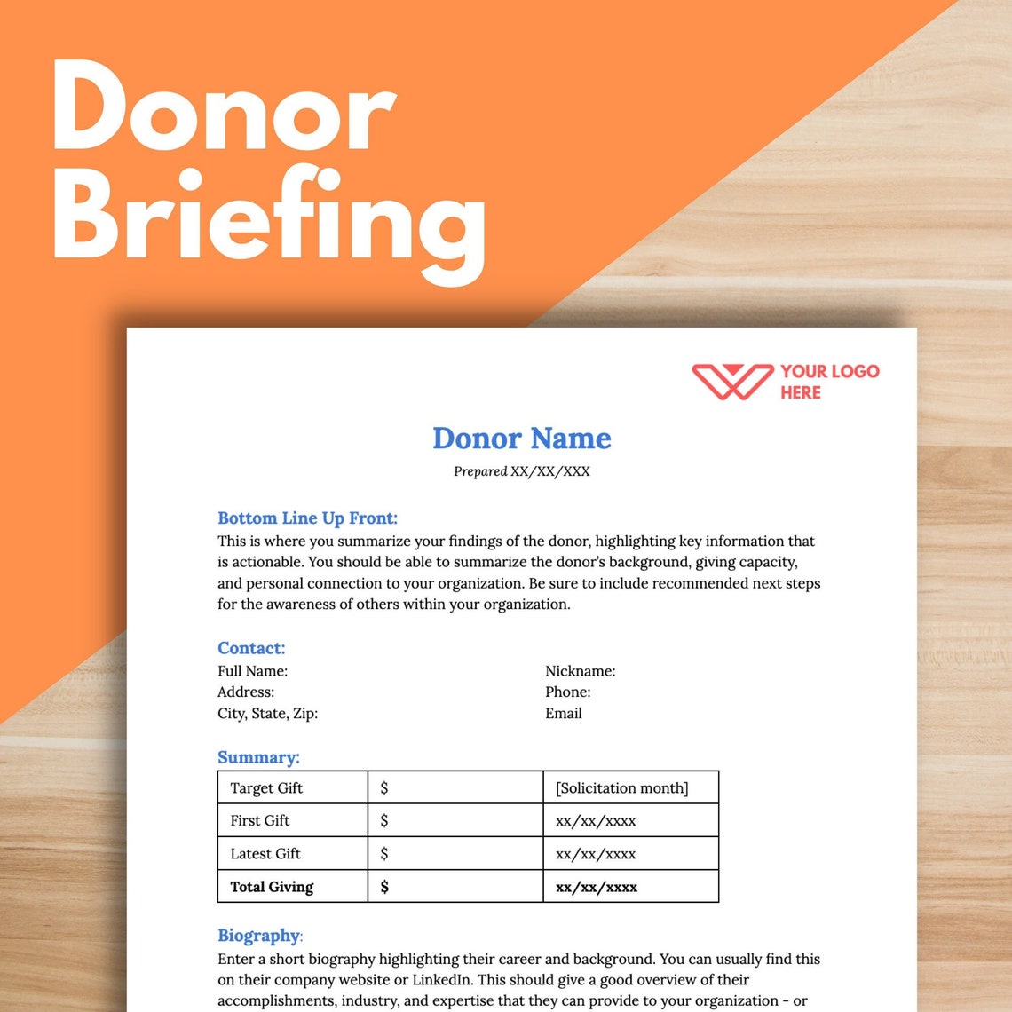 DONOR BRIEFING - 2 Page Template for Major Donors, Prospects, Board ...