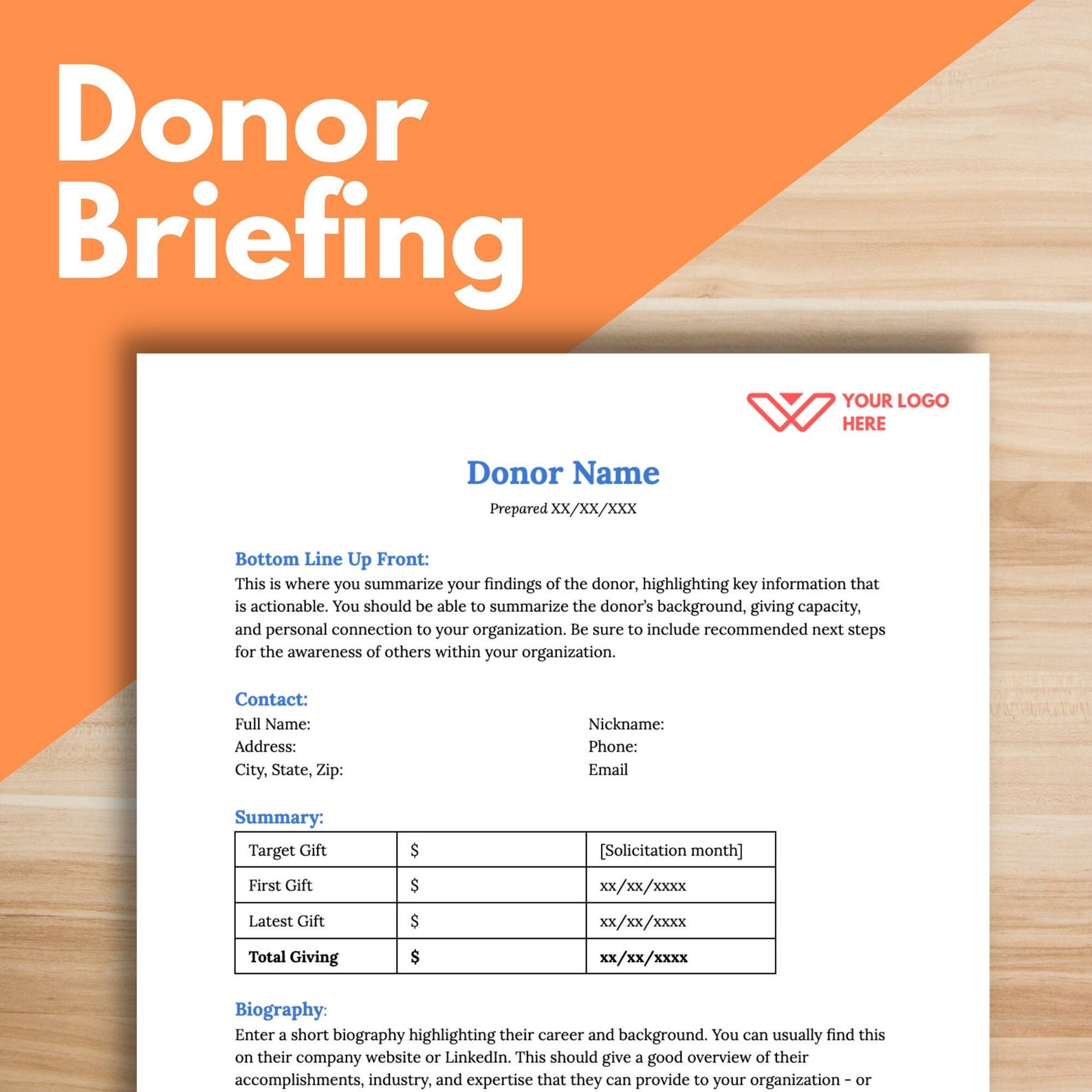 DONOR BRIEFING - 2 Page Template for Major Donors, Prospects, Board Members - Etsy