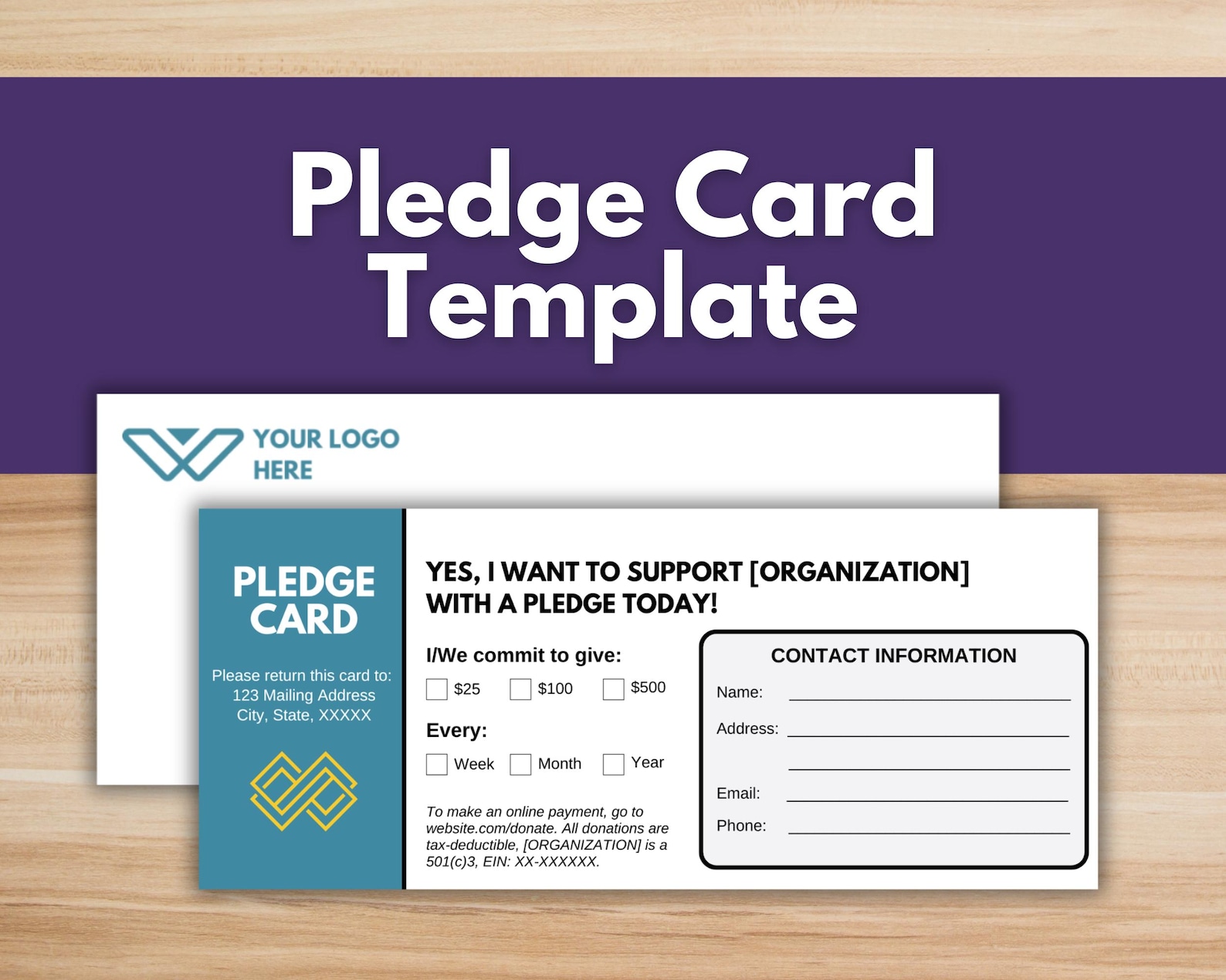 Editable Nonprofit Pledge Card Template: Canva Design, Fundraising ...