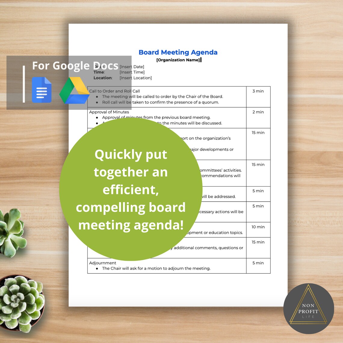 BOARD MEETING AGENDA Template - Board of Directors, Nonprofit Template ...