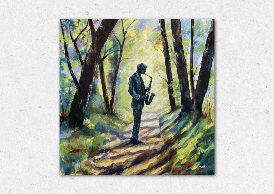 Original Oil Painting of a Man Playing a Saxophone in the Forest ...