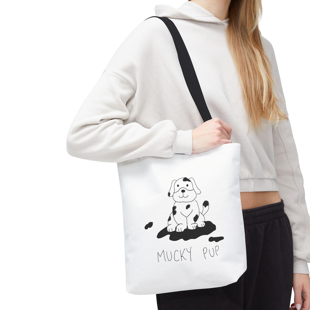 Mucky Pup Shopper Tote Bag - Hand Drawn Carrier With Animal Pun - Etsy