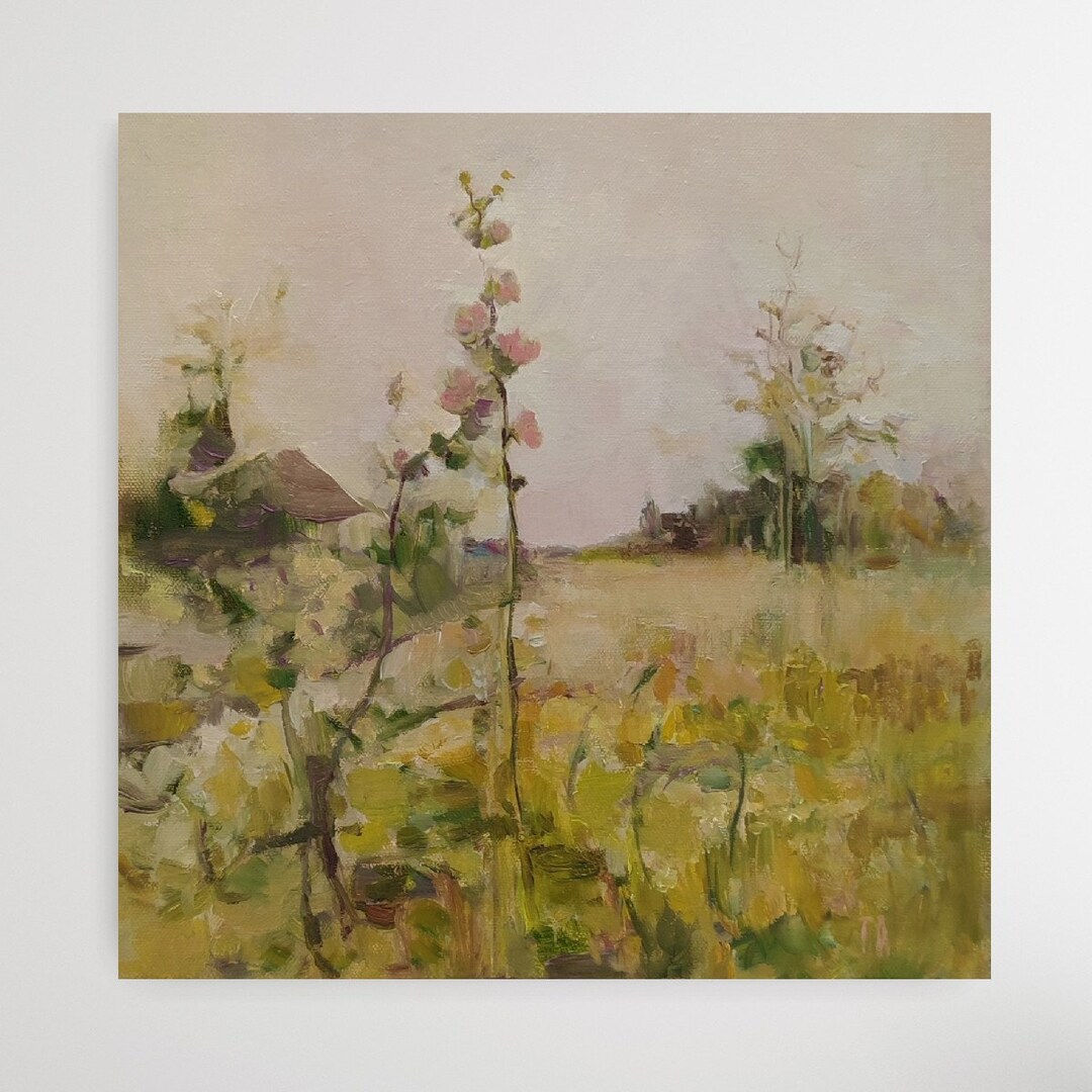 Original Rustic Oil Painting, Olive Green Wall Art, Meadow Painting ...