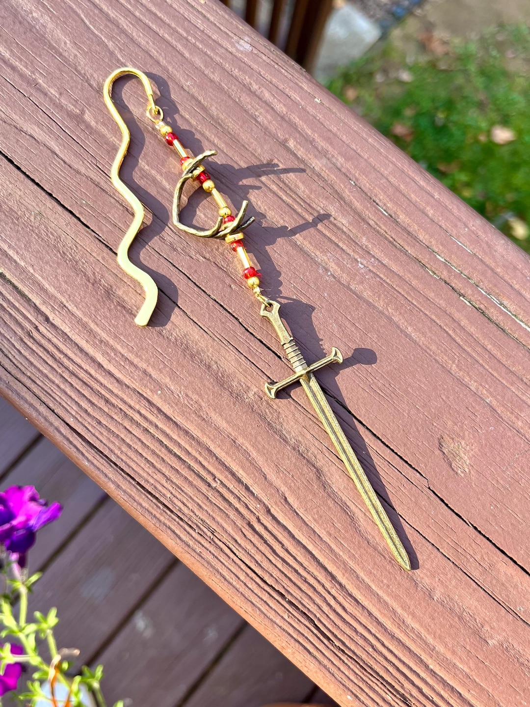 Fantasy Sword Bookmark With Stag Horns | Red and Gold Beaded Bronze ...