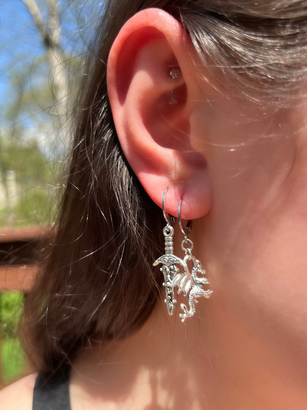 Fantasy Dragon Dagger Huggie Hoop Earrings Mismatched Silver Hoop Earrings, Dragon Charm ...