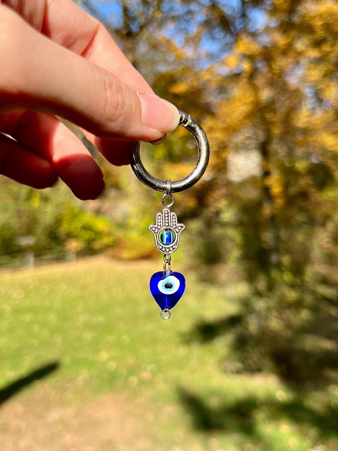 Hamsa Evil Eye Keychain | Lampwork Glass Heart, Good Luck Charm - Etsy