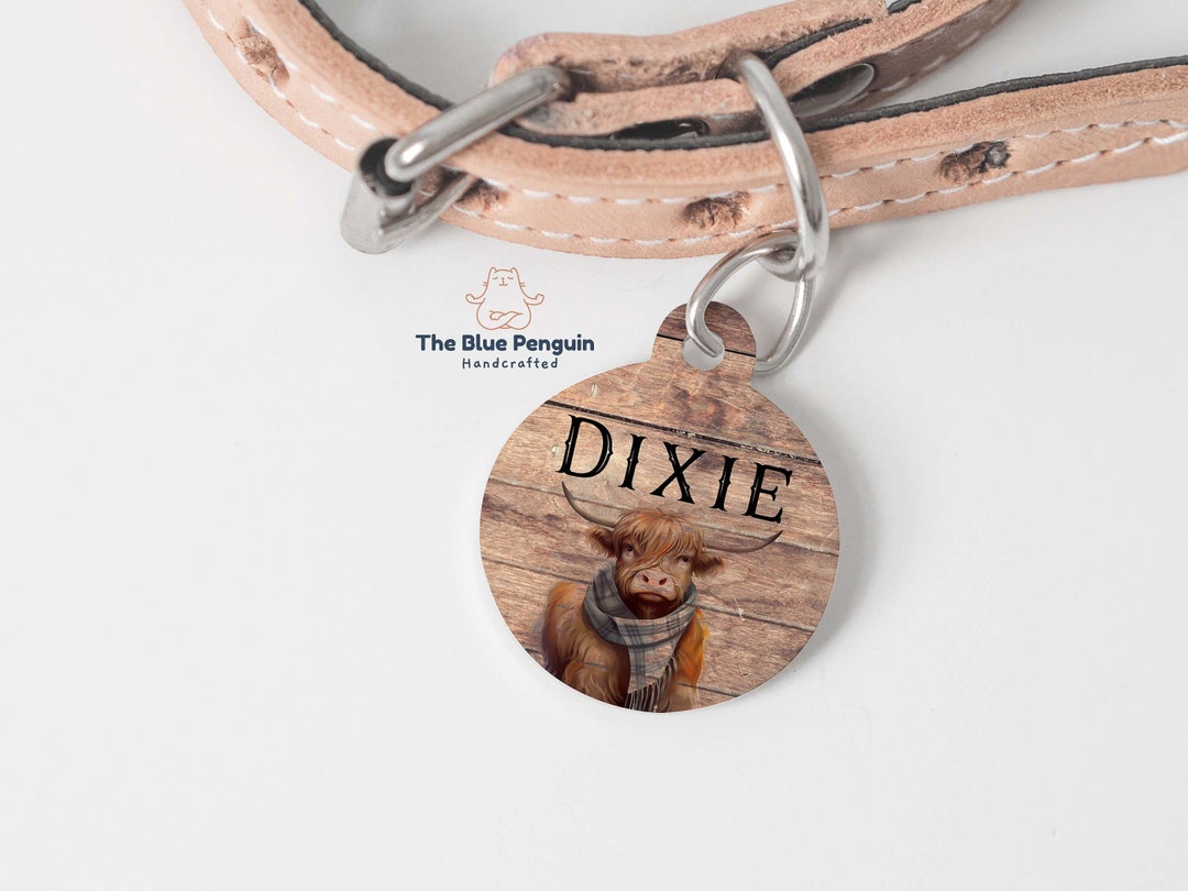 Wooden Effect Dog Tag Highland Cattle Personalised Dog ID Tag Custom ...