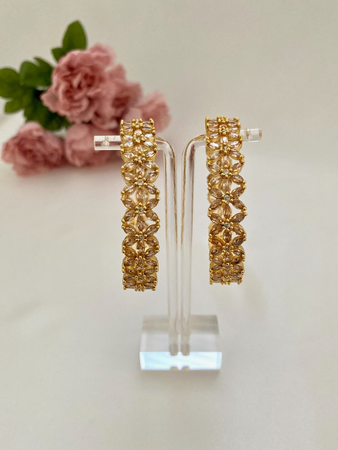 Gold Bangles With Floral Design and Gold Stones (set of 2) - Indian ...