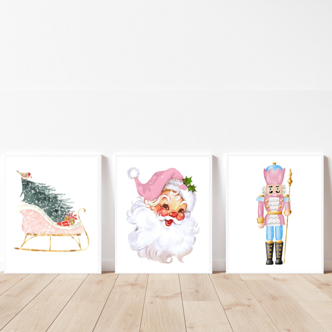 Pink Christmas Decor Set of 3 Retro Santa Print Vintage Santa Christmas ...