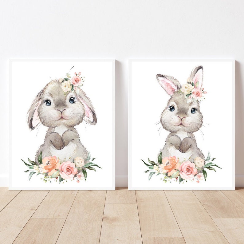 Set of 2 Bunny Prints Bunny Print Nursery Art Bunnies With Pink Flowers ...