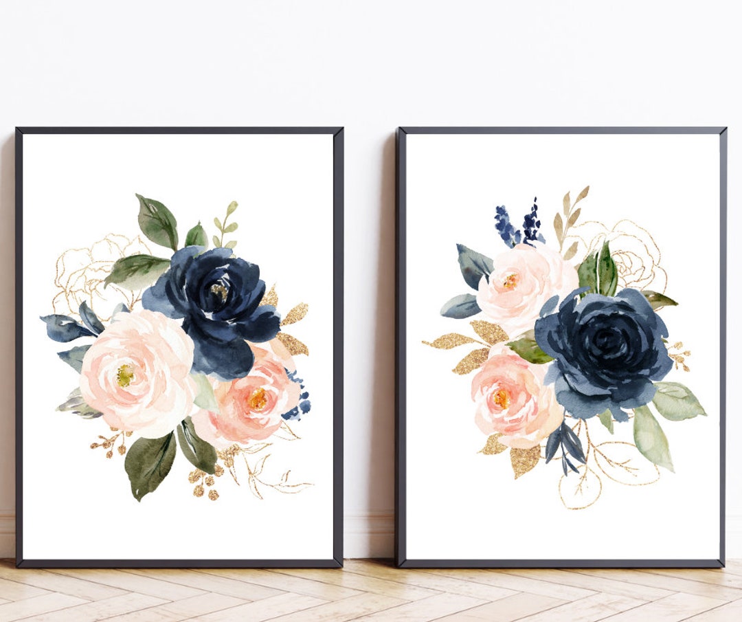 Navy Blush Flower Print Watercolor Flowers Home Decor Navy Blush ...