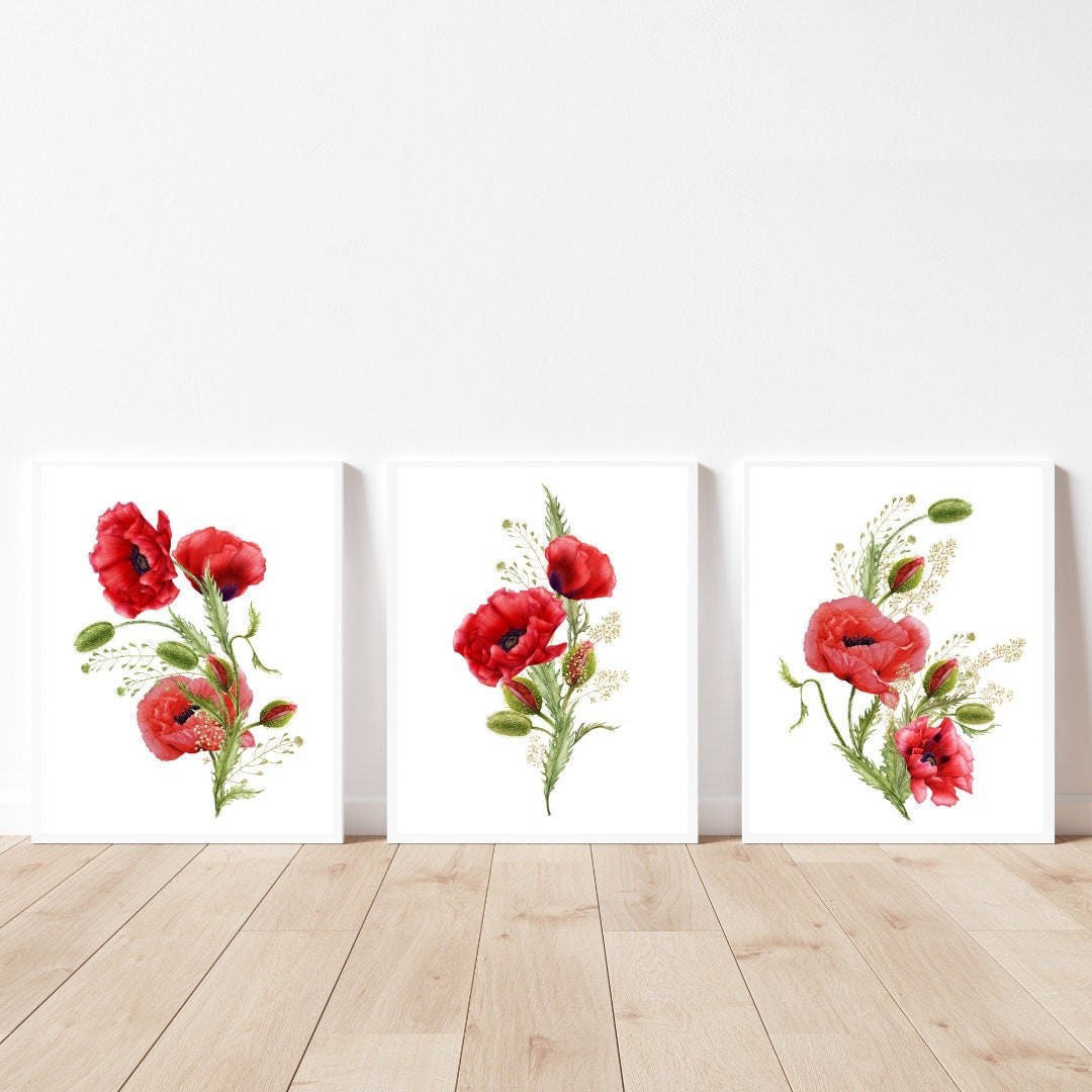 Set of 3 Poppy Prints Watercolor Poppy Printable Wall Art Red Poppy ...