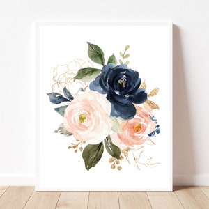 Navy Blush Flower Print Watercolor Flowers Home Decor Navy Blush ...