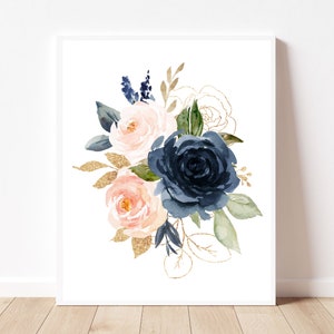 Navy Blush Flower Print Watercolor Flowers Home Decor Navy Blush ...