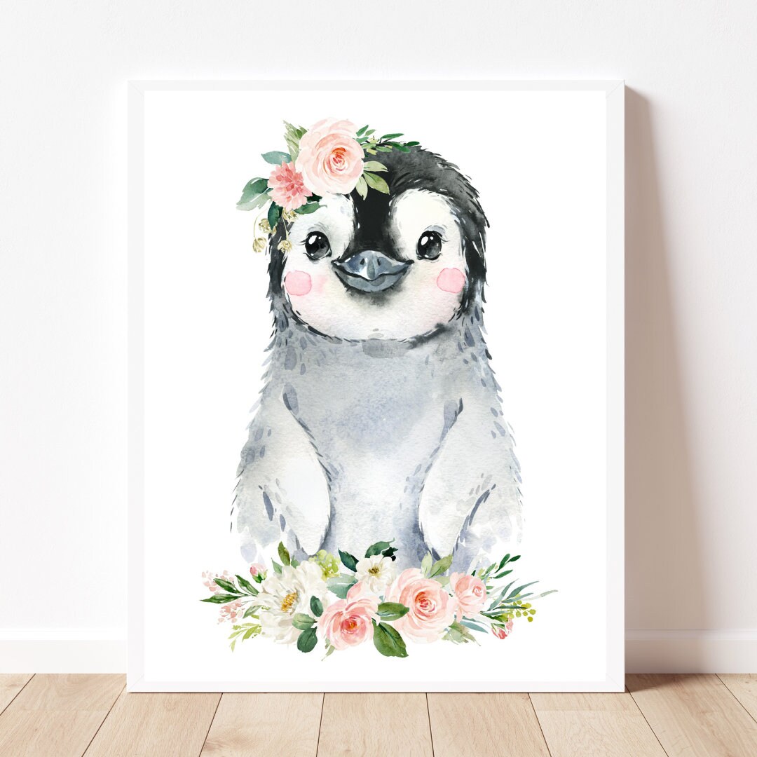 Baby Penguin Nursery Wall Art Christmas Animal Print Kids Decor Snowy ...