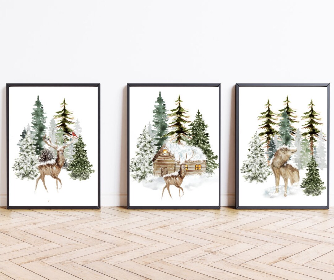 Winter Print Set of 3 Christmas Tree Print Holiday Wall Art Winter ...