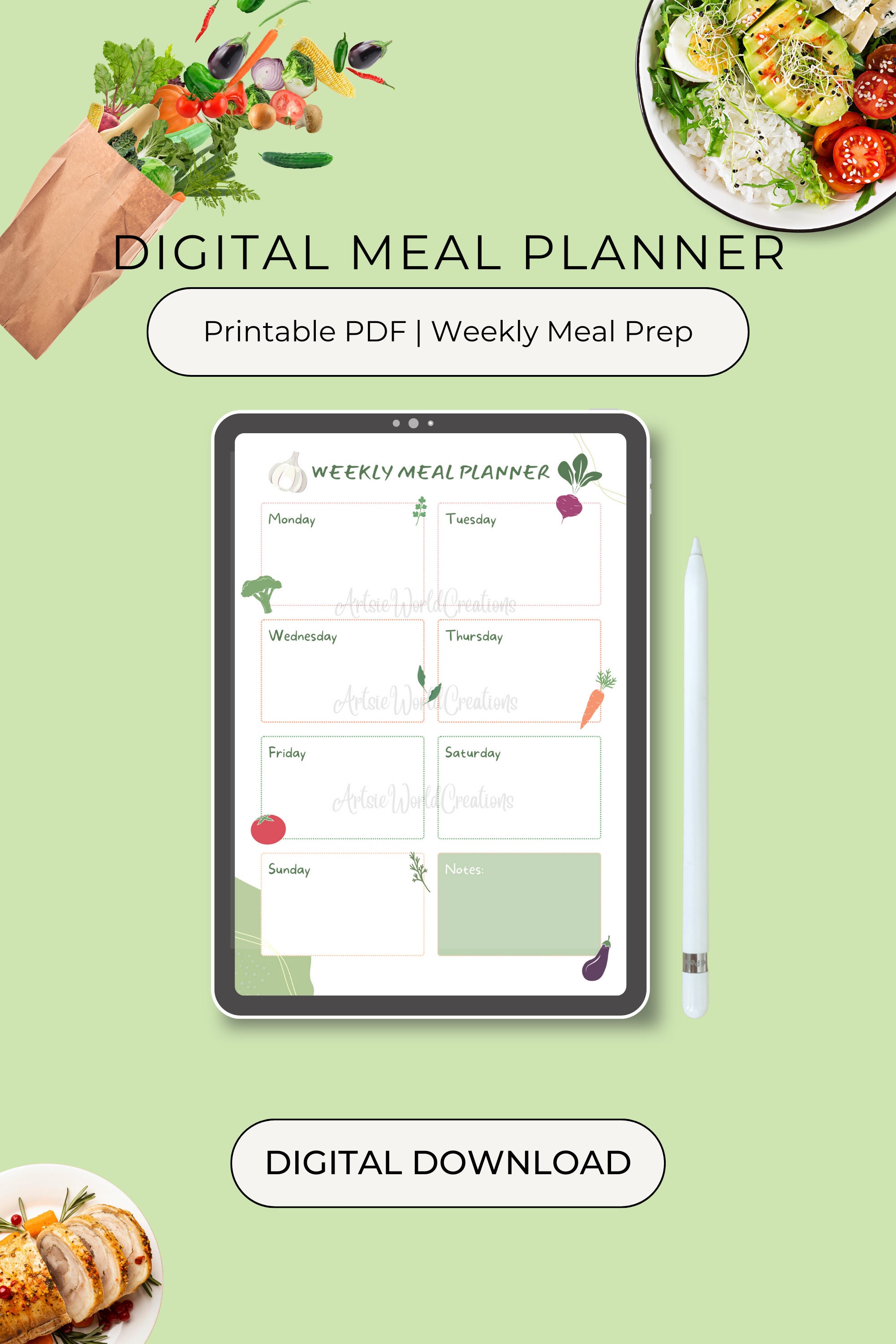 Grocery List Digital Download, Meal Planner, Bonus Item, Instant PDF ...