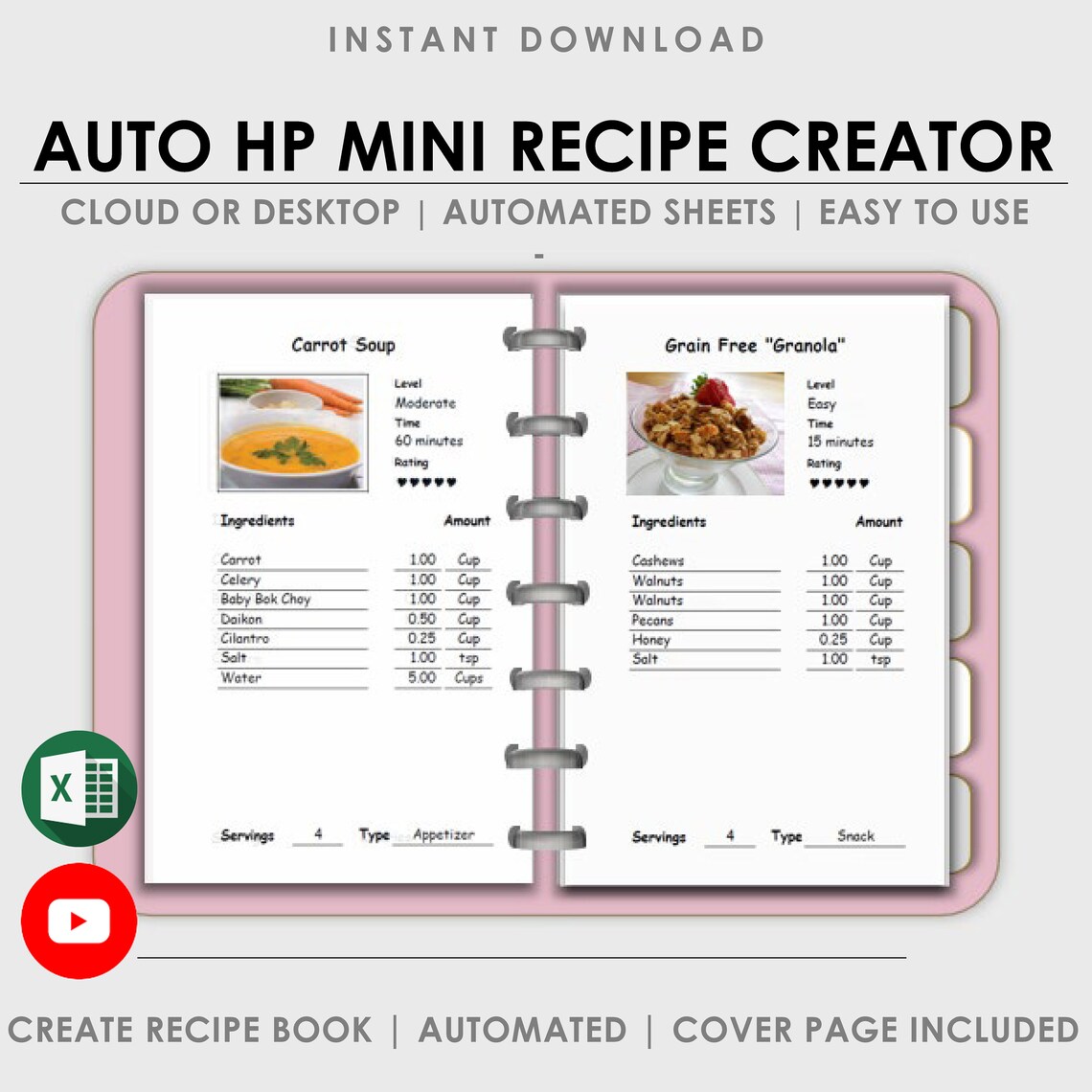 HP Mini Recipe Template - Excel Automated - Etsy
