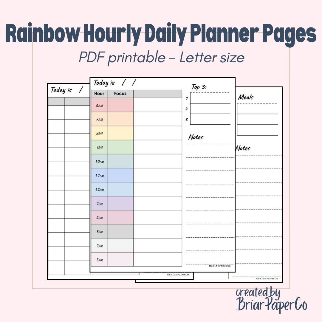 Rainbow Printable Daily Pages | Hourly Planner | US Letter | Instant ...