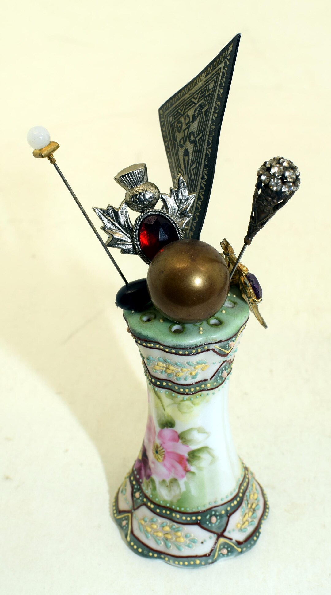 Unmarked Nippon Vintage Hat Pin Holder With Seven Assorted Hat Pins - Etsy