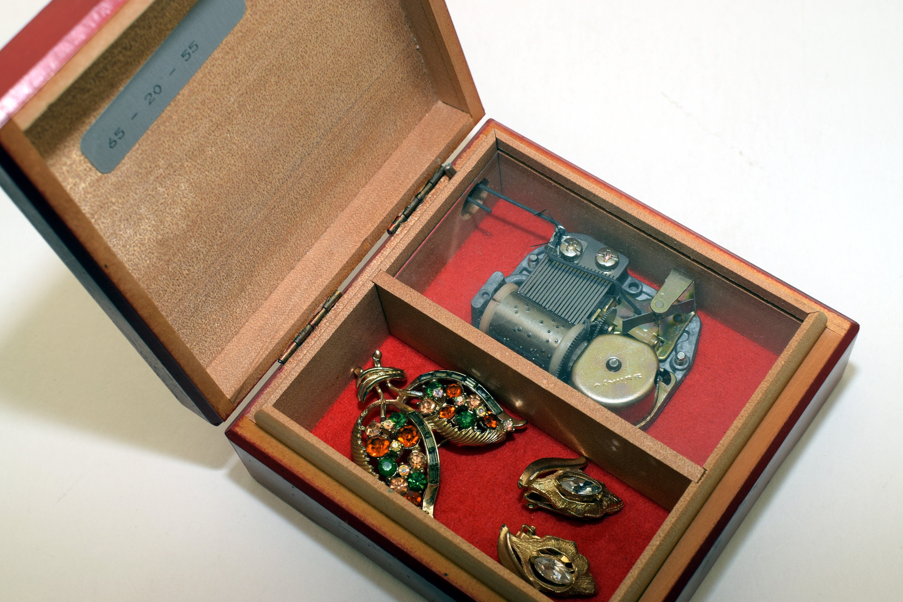 Japan Signed Wooden Wind up Music Box Filled With a Brooch and a Pair ...