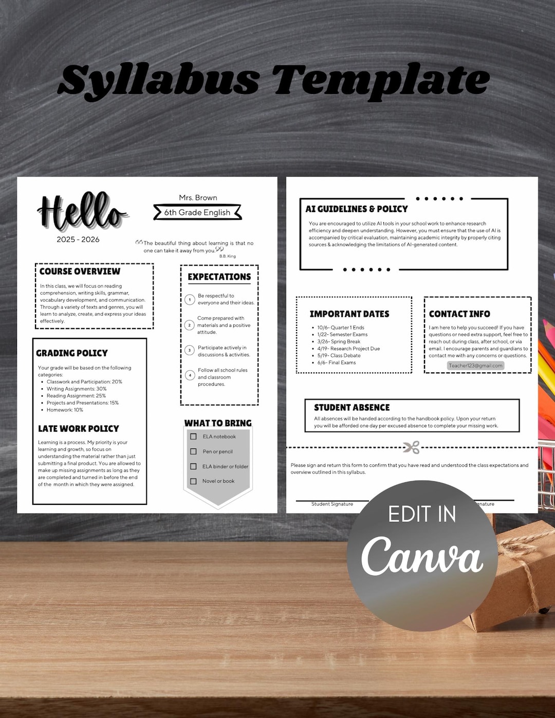 Editable Class Syllabus Template: Middle & High School, Back to School ...