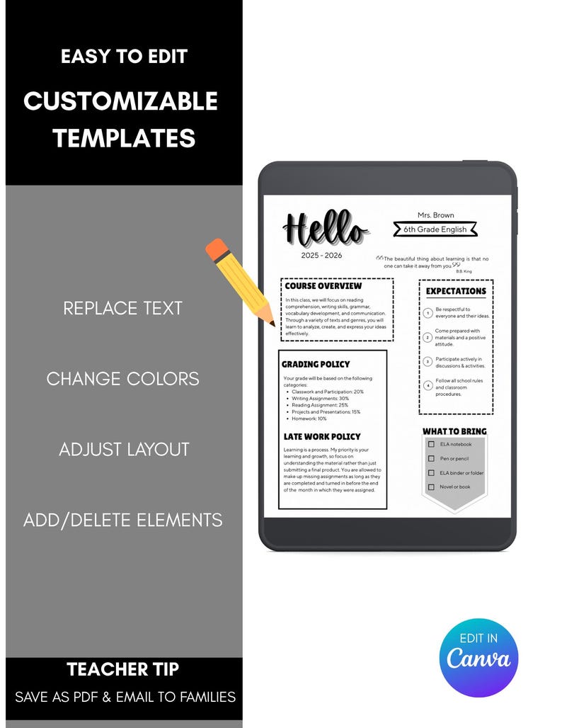 Editable Class Syllabus Template: Middle & High School, Back to School ...