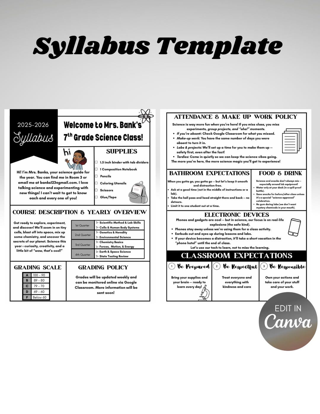 Editable Class Syllabus Template: Back to School Handout (PDF With ...