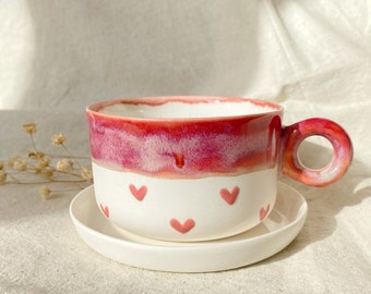 Ceramic Pink Red Heart Mug With Saucer, 5.5 Oz Mug, Handmade Coffee Tea ...