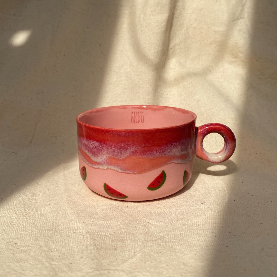 Ceramic Pink Watermelon Mug With Plate, Porcelain Cup, Handmade Coffee ...