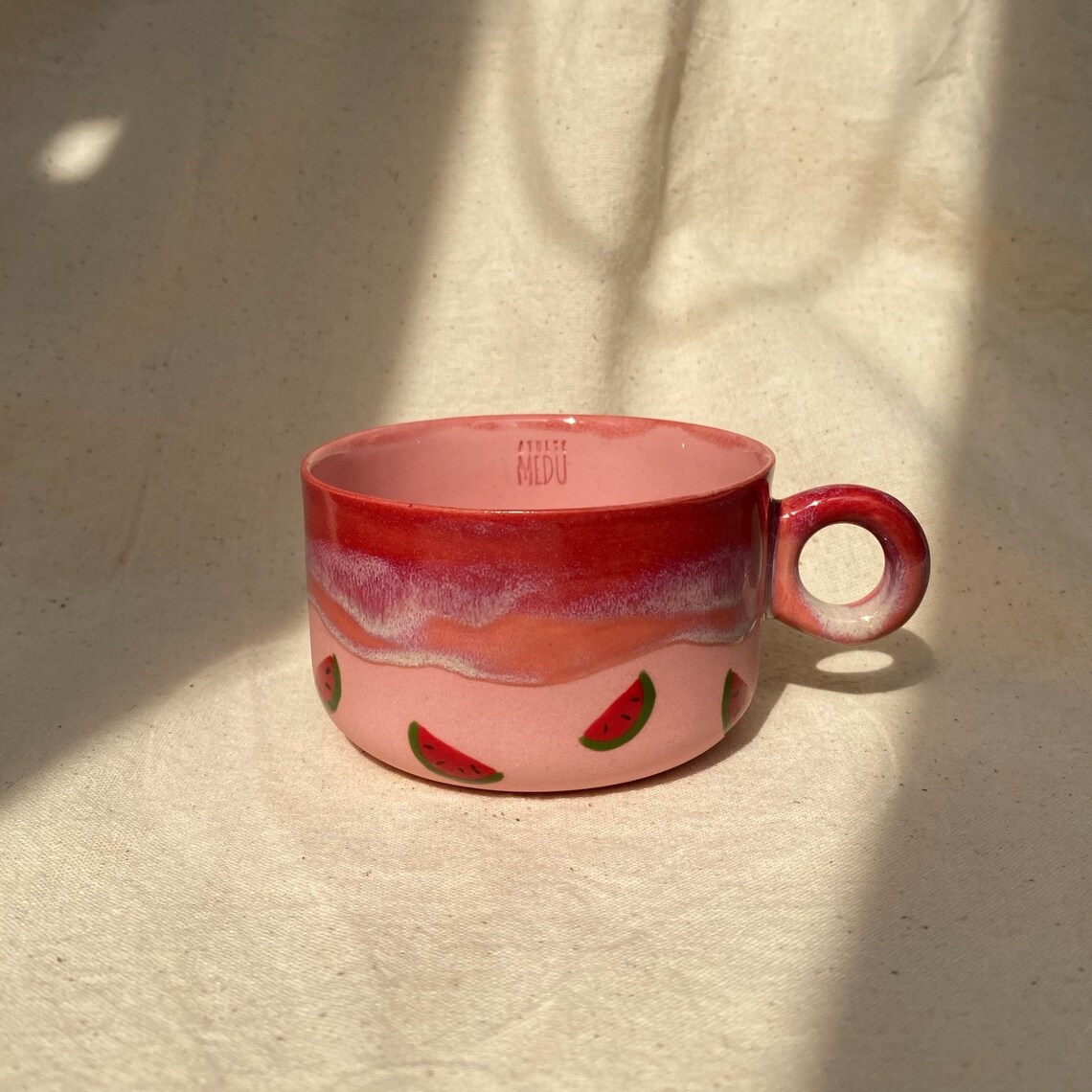 Ceramic Pink Watermelon Mug With Plate, Porcelain Cup, Handmade Coffee ...