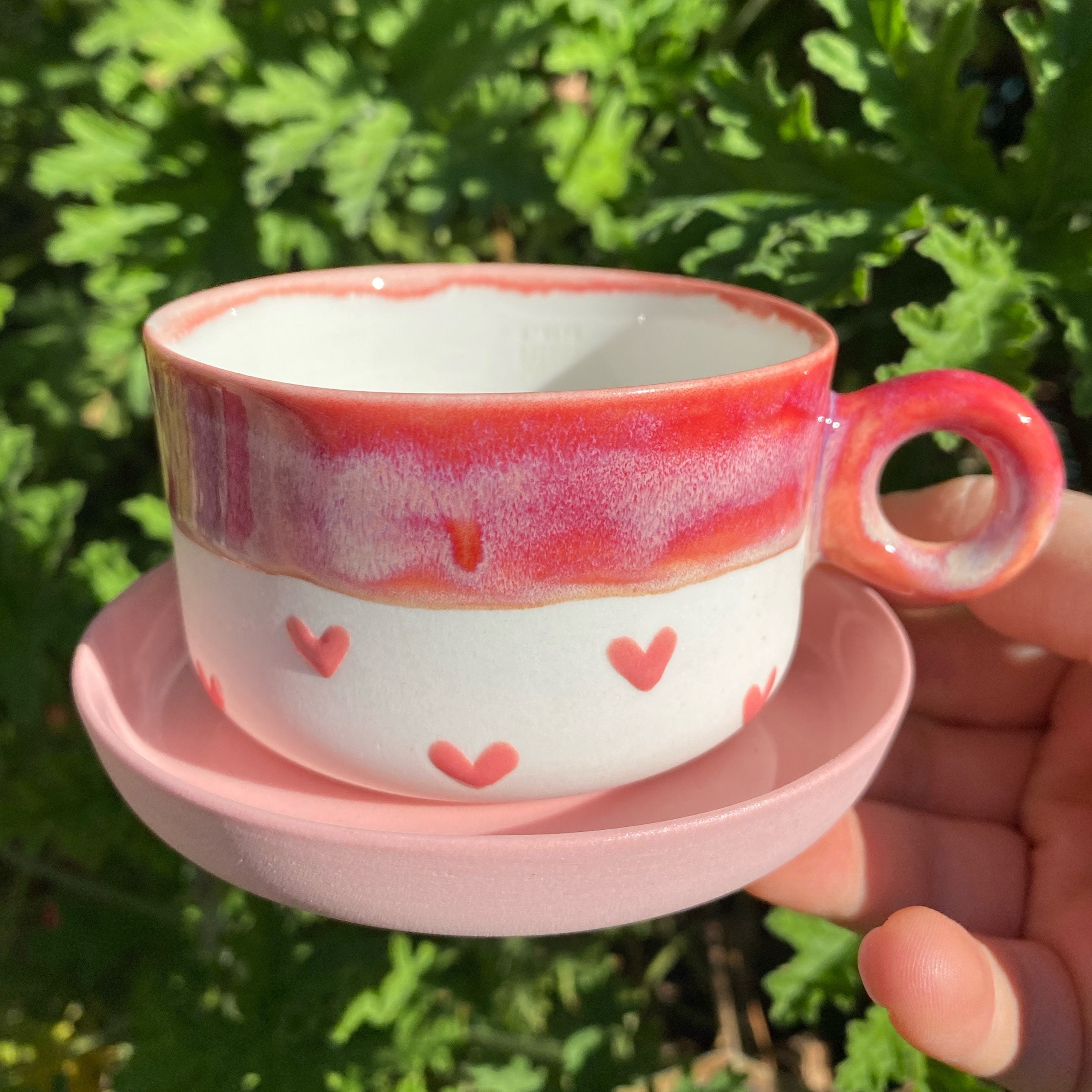 Ceramic Pink Heart Mug With Plate, Porcelain Cup, Handmade Coffee Tea ...