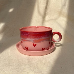 Ceramic Pink Heart Mug With Plate, Porcelain Cup, Handmade Coffee Tea ...