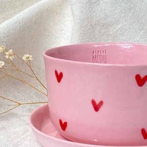 Ceramic Pink Red Heart Mug With Saucer, 5.5 Oz Mug, Handmade Coffee Tea ...