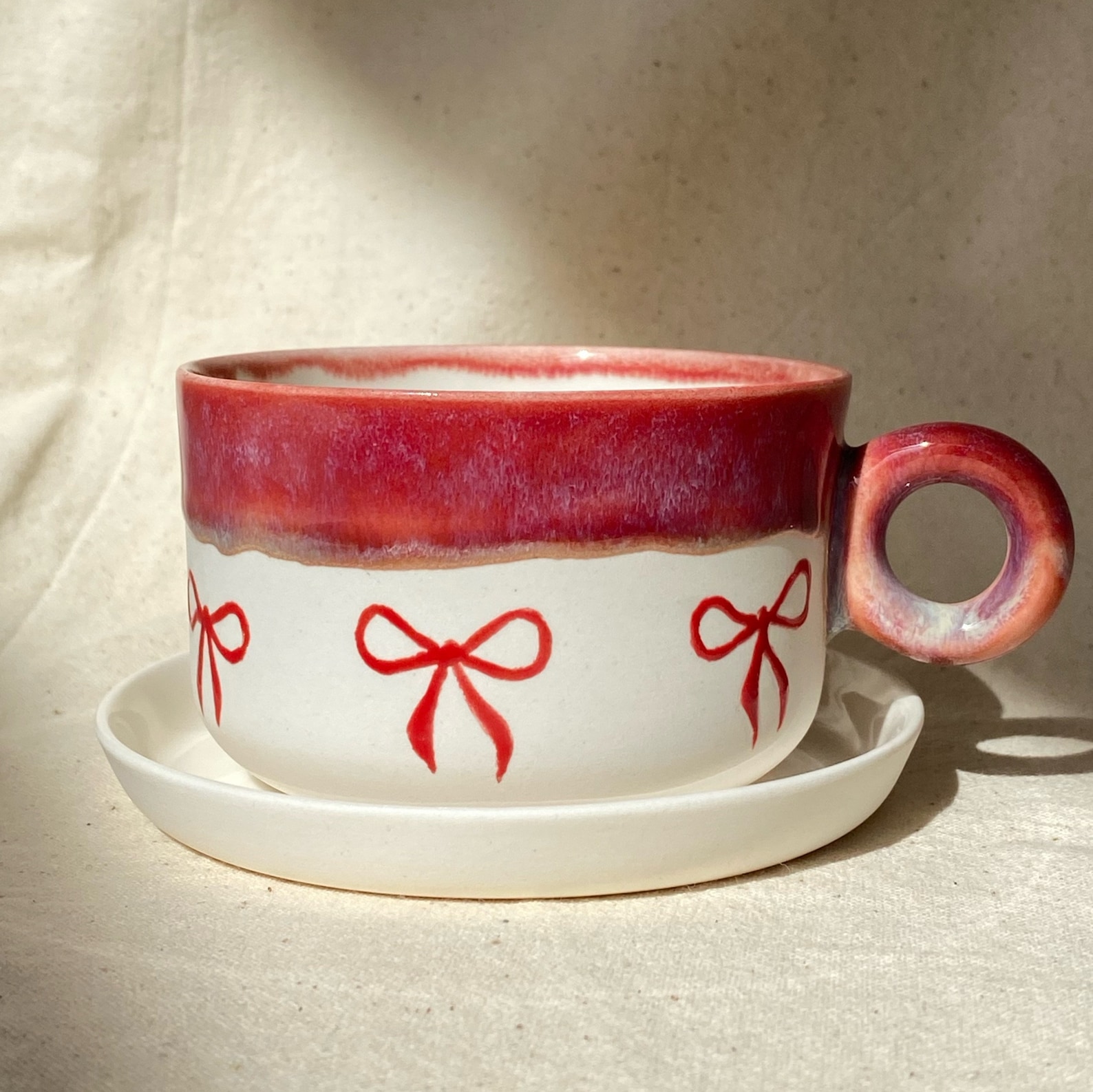 Ceramic Red Bow Ribbon Coquette Mug With Plate, Porcelain Cup, Handmade ...