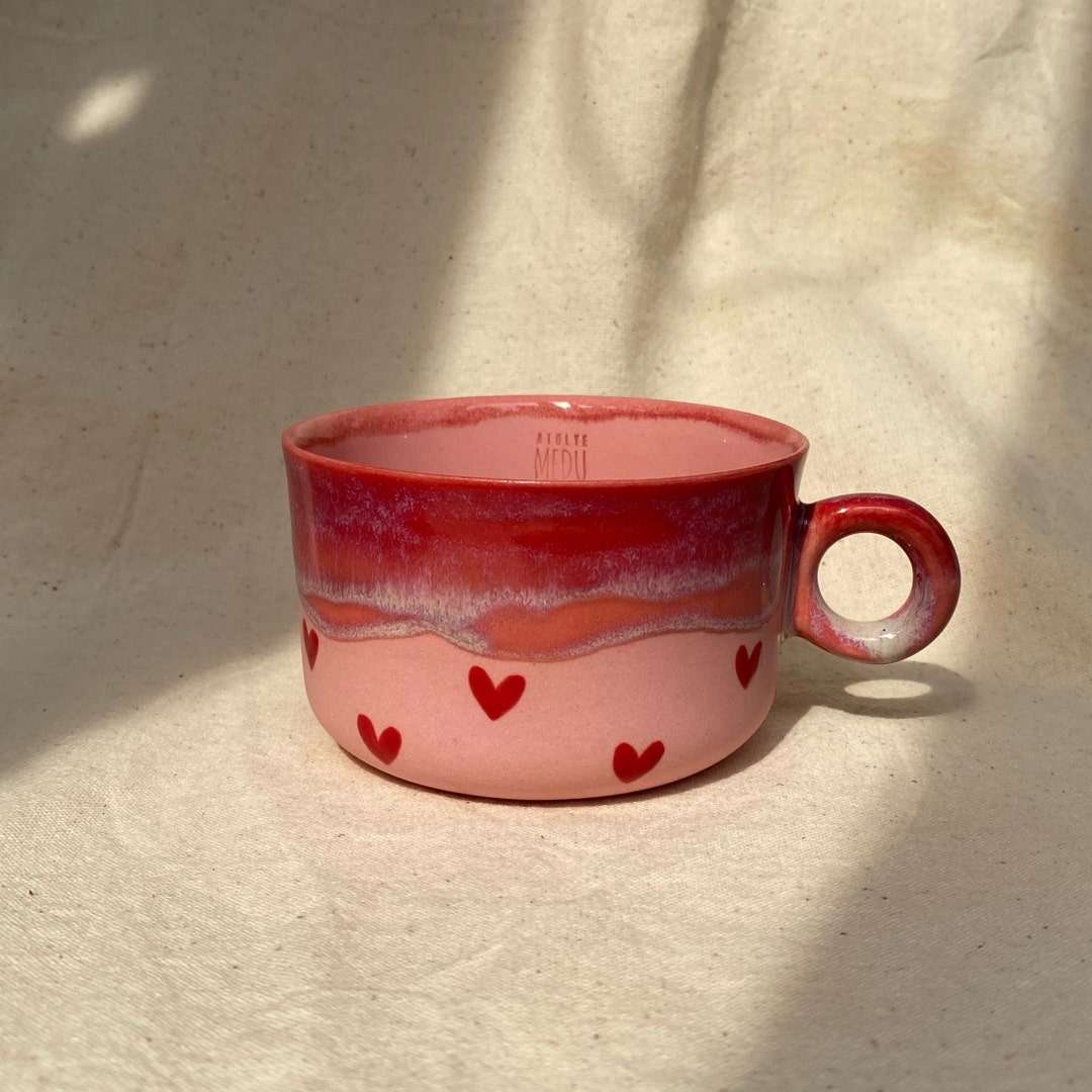 Ceramic Pink Heart Mug With Plate, Porcelain Cup, Handmade Coffee Tea ...