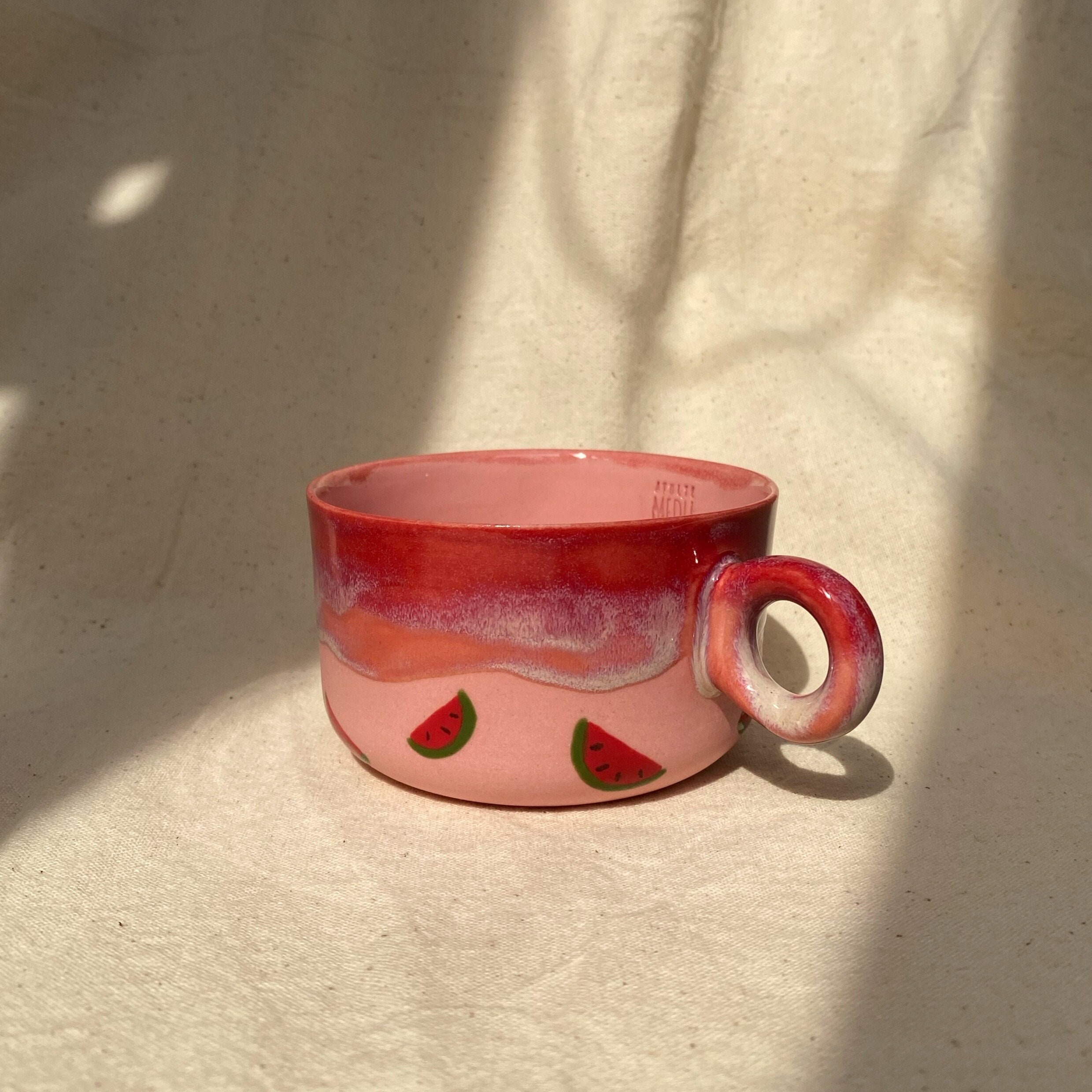 Ceramic Pink Watermelon Mug With Plate, Porcelain Cup, Handmade Coffee ...