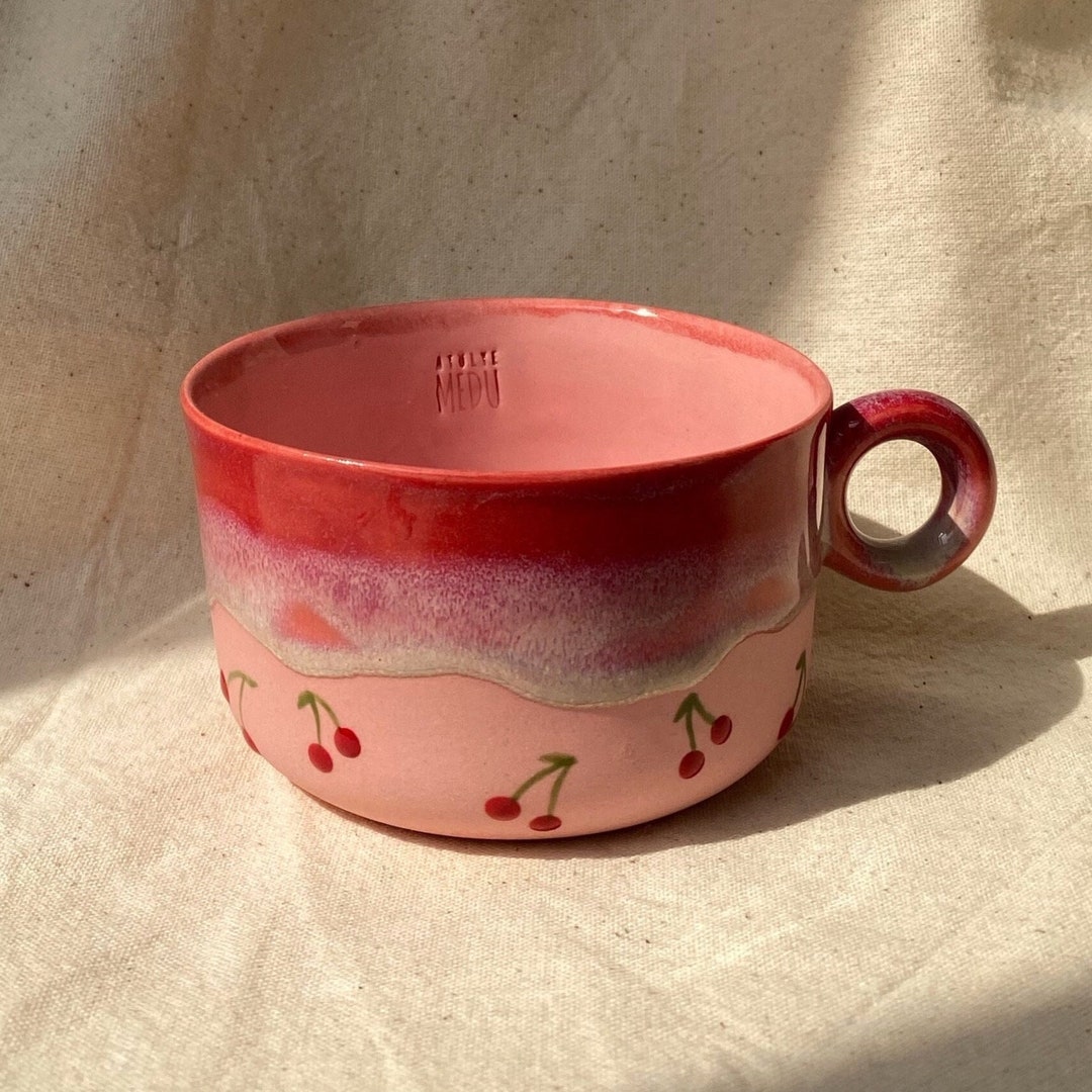 Ceramic Pink Cherry Mug With Saucer, Porcelain Cup, Handmade Coffee Tea ...