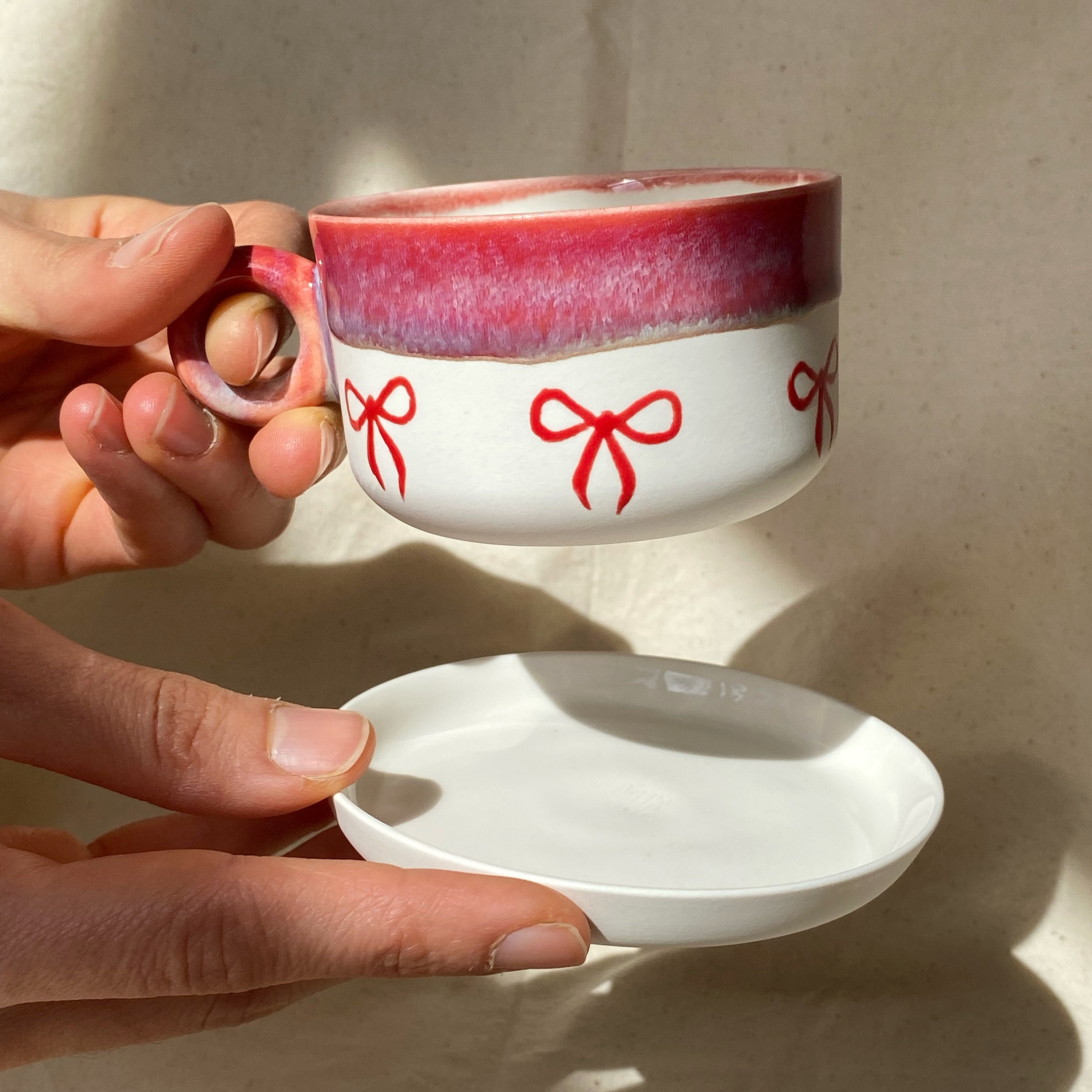 Ceramic Red Bow Ribbon Coquette Mug With Plate, Porcelain Cup, Handmade ...