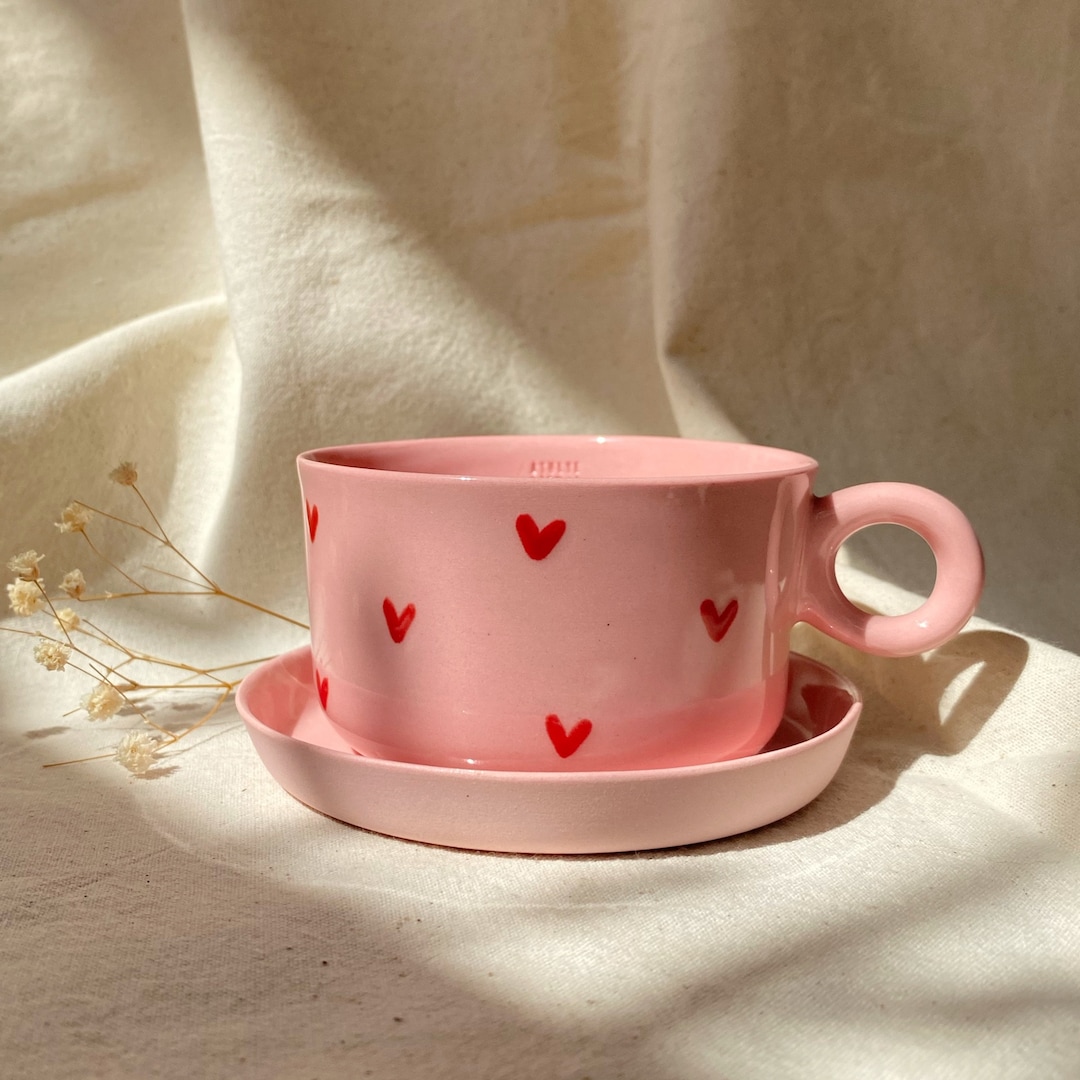 Ceramic Pink Red Heart Mug With Saucer, 5.5 Oz Mug, Handmade Coffee Tea ...