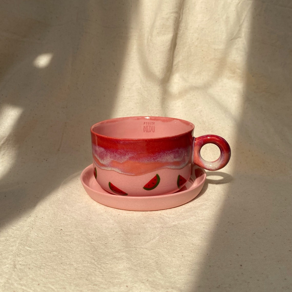 Ceramic Pink Watermelon Mug With Plate, Porcelain Cup, Handmade Coffee ...