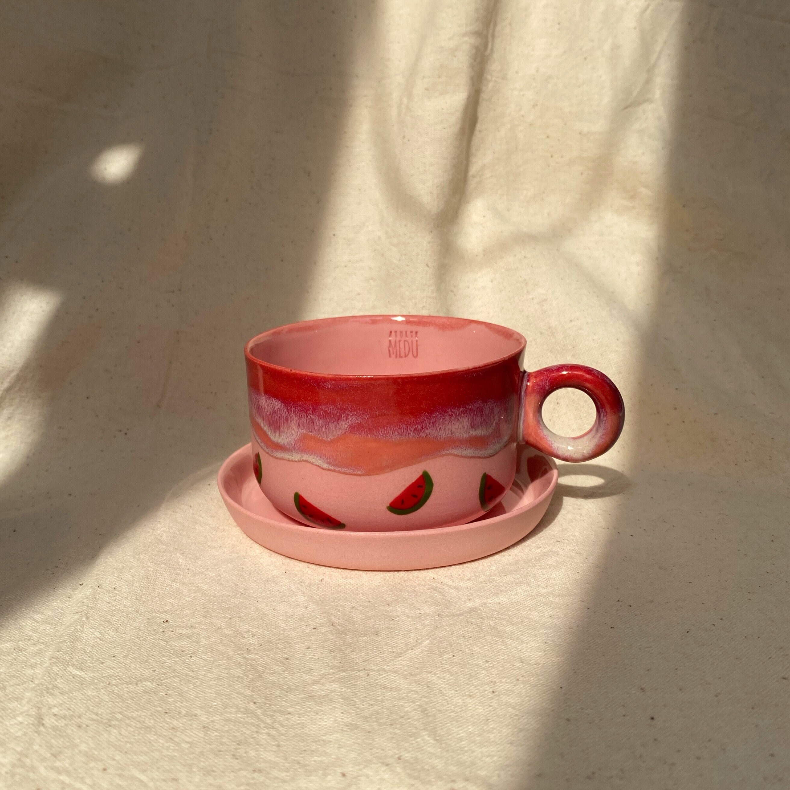 Ceramic Pink Watermelon Mug With Plate, Porcelain Cup, Handmade Coffee ...