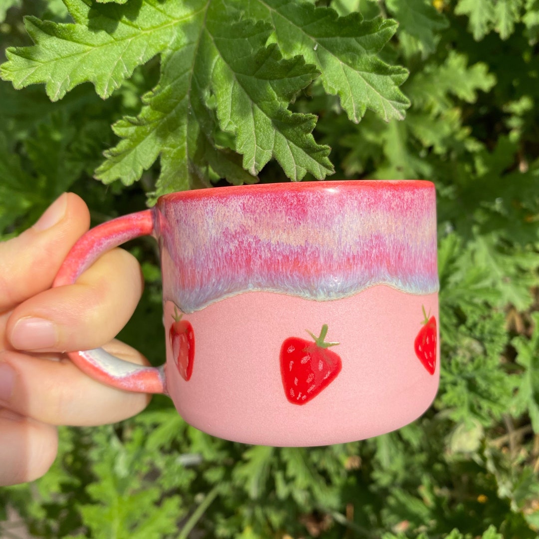 PREORDER Ceramic Pink Strawberry Cute Mug, 6 Oz Porcelain Cup, Handmade ...