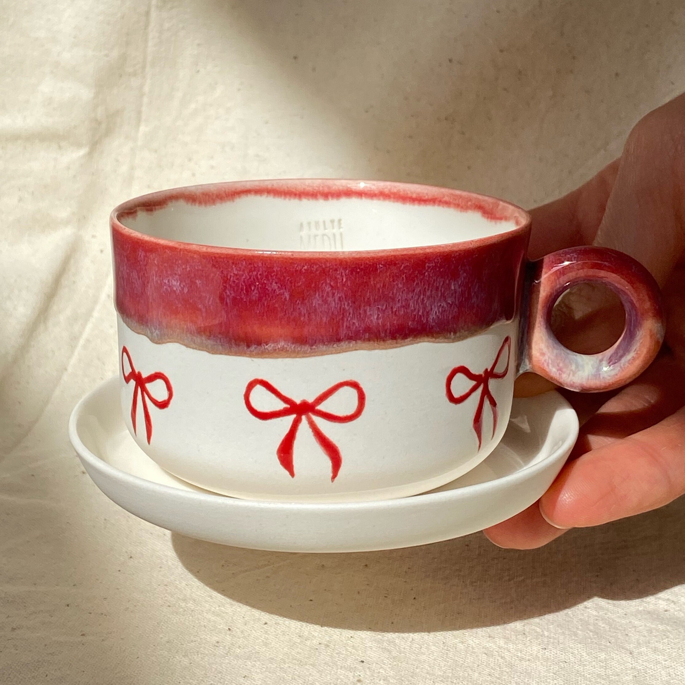 Ceramic Red Bow Ribbon Coquette Mug With Plate, Porcelain Cup, Handmade ...
