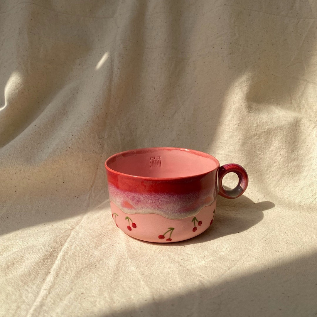 Ceramic Pink Cherry Mug With Saucer, Porcelain Cup, Handmade Coffee Tea ...