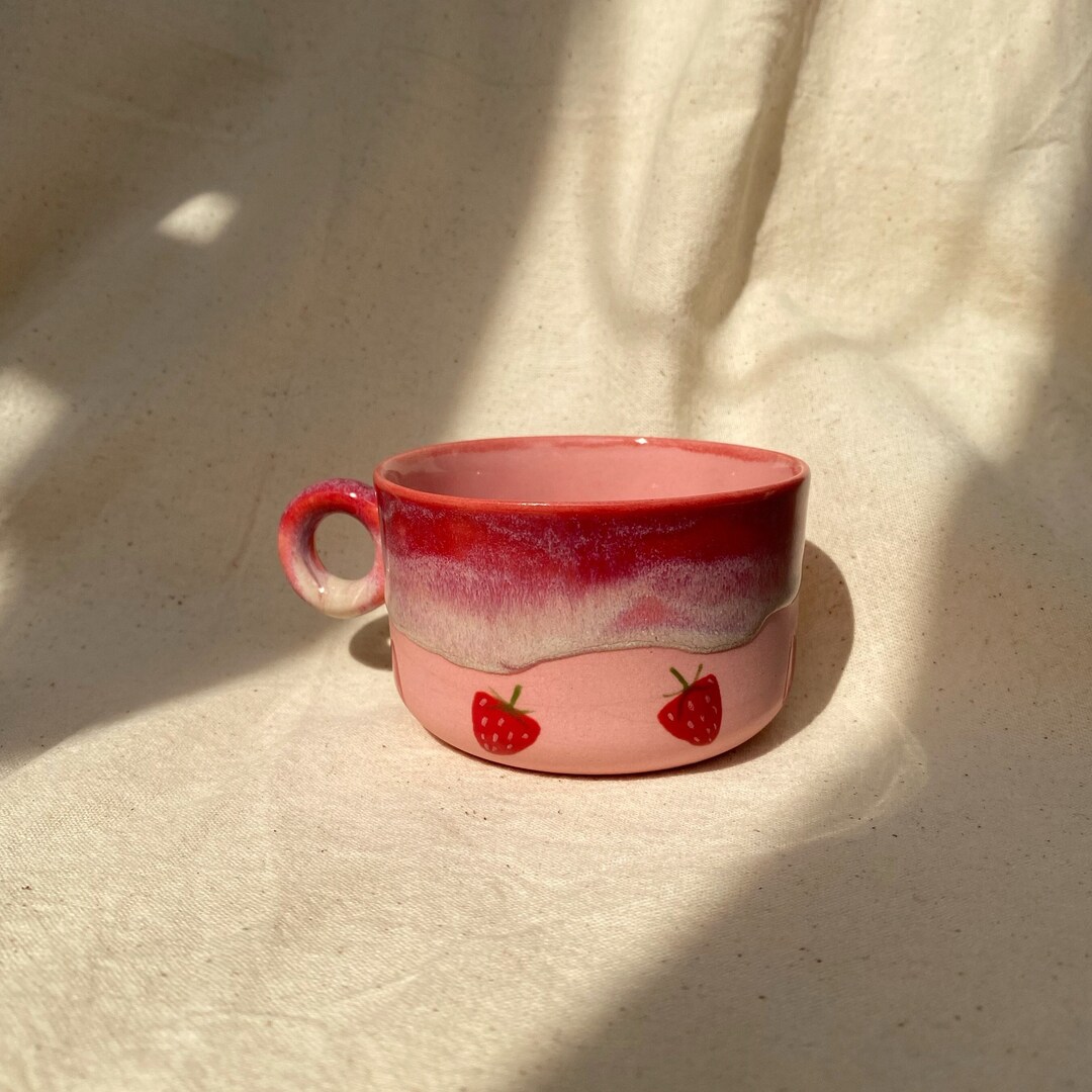 Ceramic Pink Strawberry Mug With Plate, Porcelain Cup, Handmade Coffee ...
