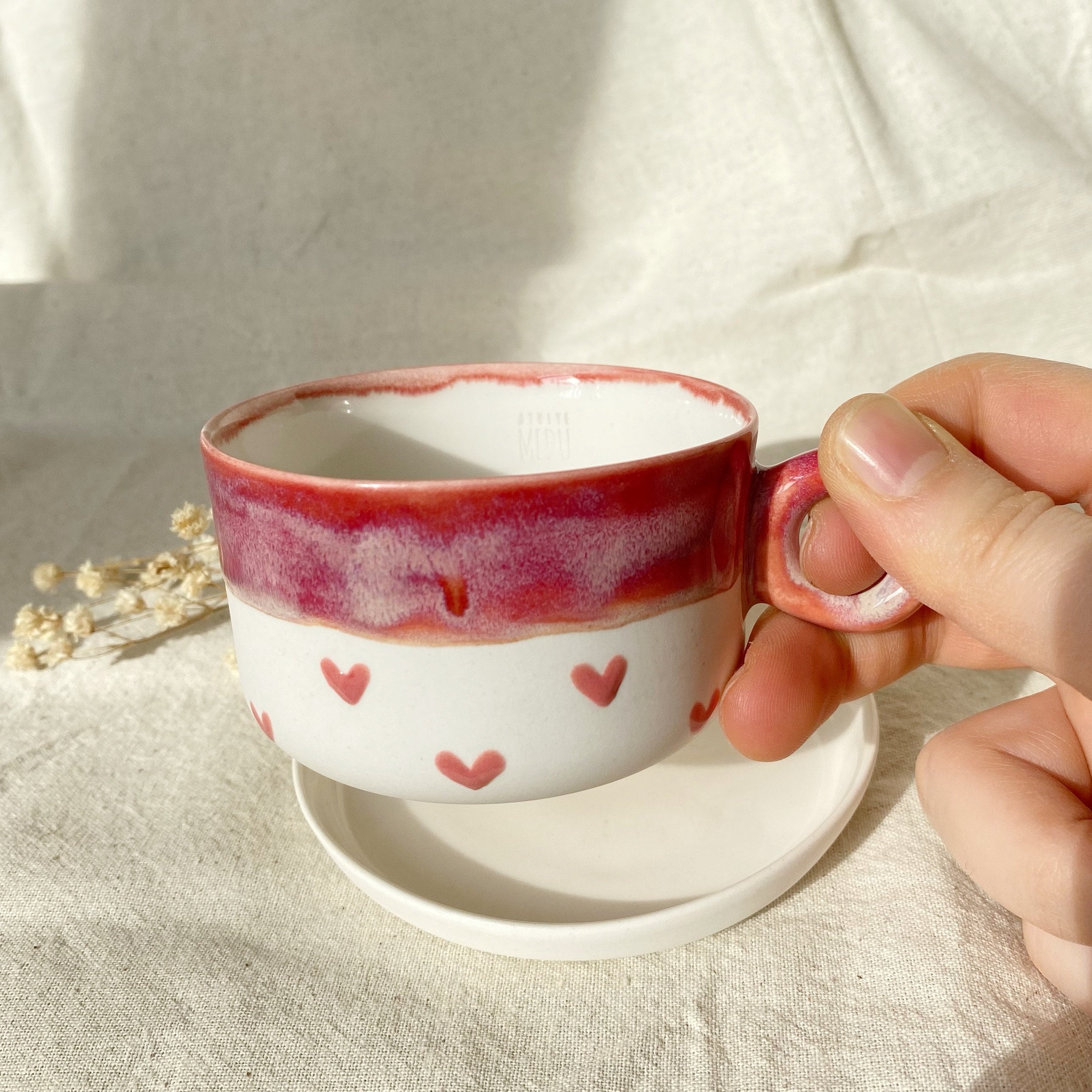 Ceramic Pink Heart Mug With Plate, Porcelain Cup, Handmade Coffee Tea ...