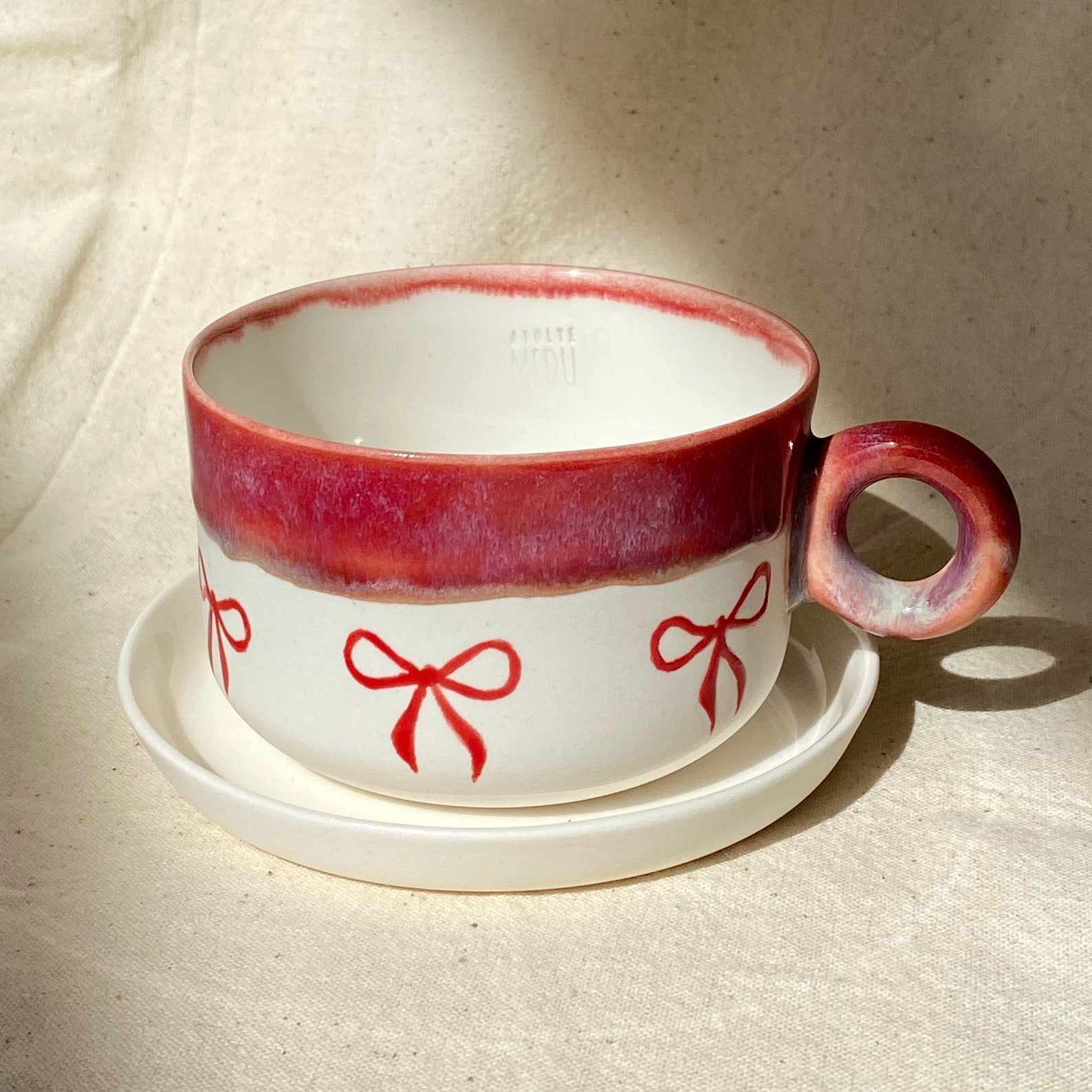 Ceramic Red Bow Ribbon Coquette Mug With Plate, Porcelain Cup, Handmade ...