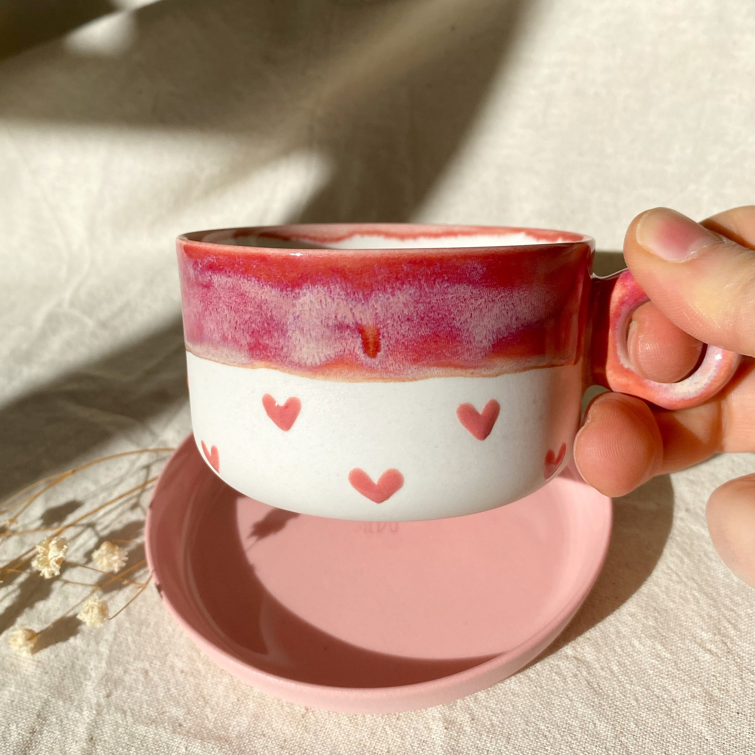 Ceramic Pink Heart Mug With Plate, Porcelain Cup, Handmade Coffee Tea ...